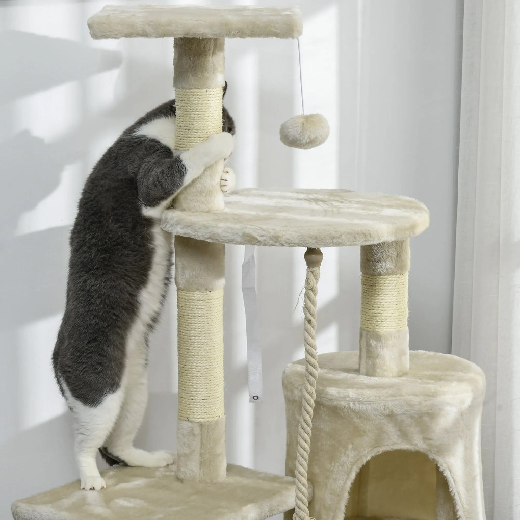 PawHut Kočka Škrábací Stožár Výška 116 cm Kočičí Strom Lezení Věž se Sisalovými Škrábacími Sloupky, Útulná Jeskyně, Platformy a Zábavné Závěsné Hračk…