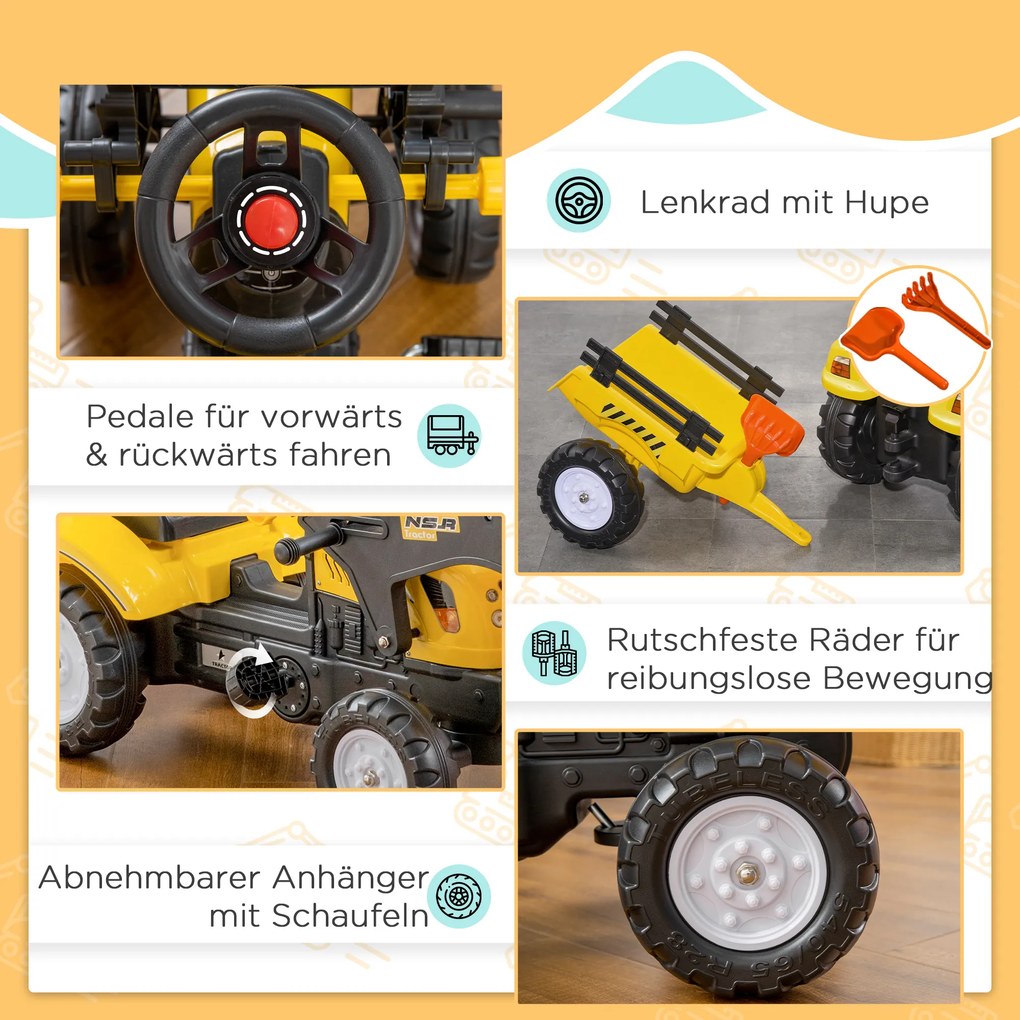 HOMCOM Šlapací traktor s přívěsem, šlapací vozidlo s lopatou, dětské vozidlo traktor pro děti od 3 let, žlutý