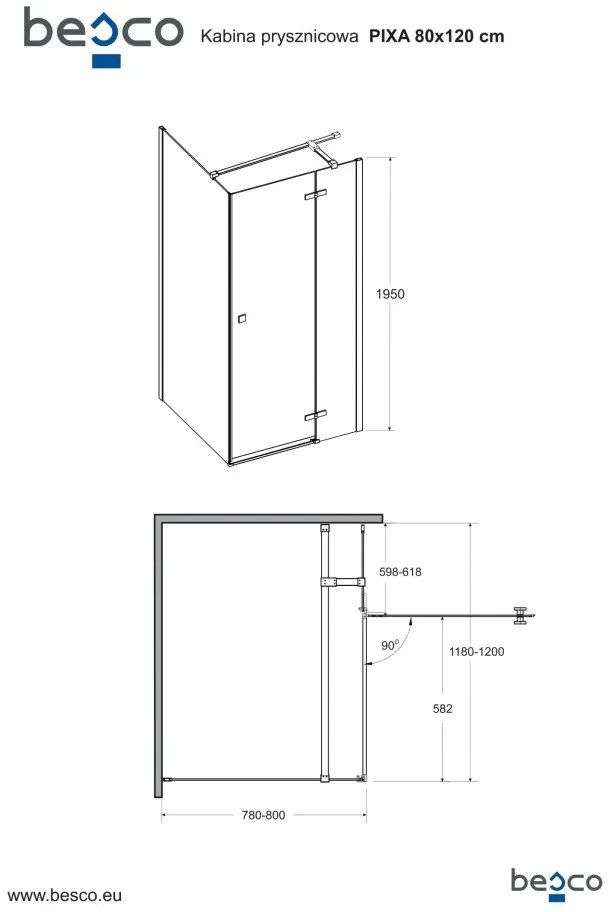 BESCO Obdélníkový sprchový kout PIXA Rozměr A - 100 cm, Rozměr B - 90 cm, Směr zavírání - Pravé (DX) BCPIXA1090OBDP