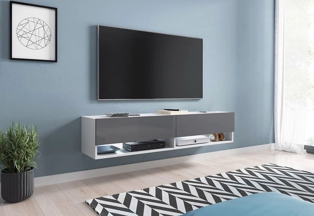 Expedo TV stolek MENDES A 140, 140x30x32, bílá/šedá lesk, s LED osvětlením