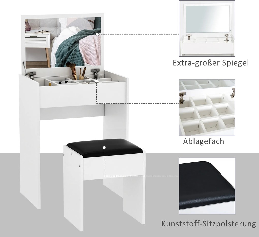 HOMCOM Skládací Toaletní Stolek se Zrcadlem, Moderní Toaletní Stolek se Stoličkou a Úložným Prostorem (10 Přihrádek), Bílý MDF, 60,2 x 40,2 x 79 cm