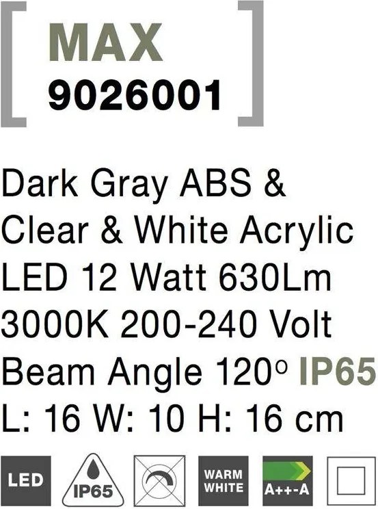 NV 9026001 Venkovní nástěnné svítidlo MAX tmavě šedý ABS čirý a bílý akryl LED 12W 3000K 200-240V 120st. IP65 - NOVA LUCE