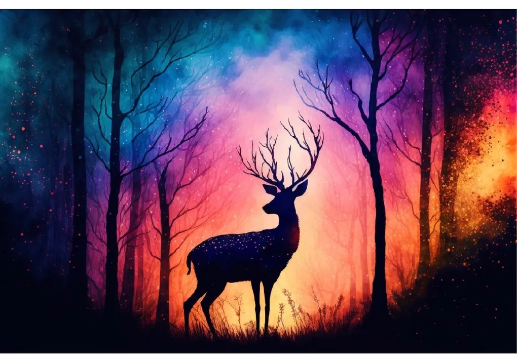 Plakát - Jelen v lese, silueta, akvarel FeelHappy.cz Velikost plakátu: A3 (29,7 × 42 cm)