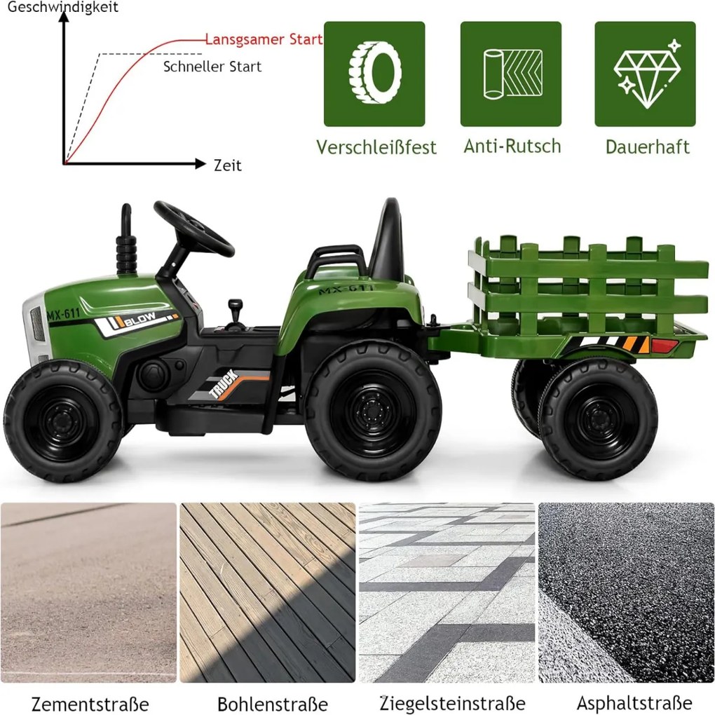 Costway 12 V dětský traktor s odnímatelným přívěsem a dálkovým – tmavě zelená