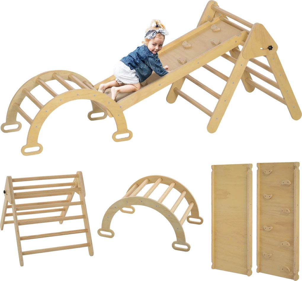 AIYAPLAY 5 v 1 skládací dřevěný lezecí trojúhelník s obloukovým lezeckým prvkem pro děti, 178 x 64,5 x 63 cm, přírodní dřevo