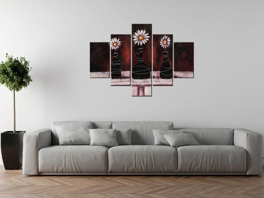 Gario Ručně malovaný obraz Kopretinové červené trio - 5 dílný Rozměry: 100 x 70 cm