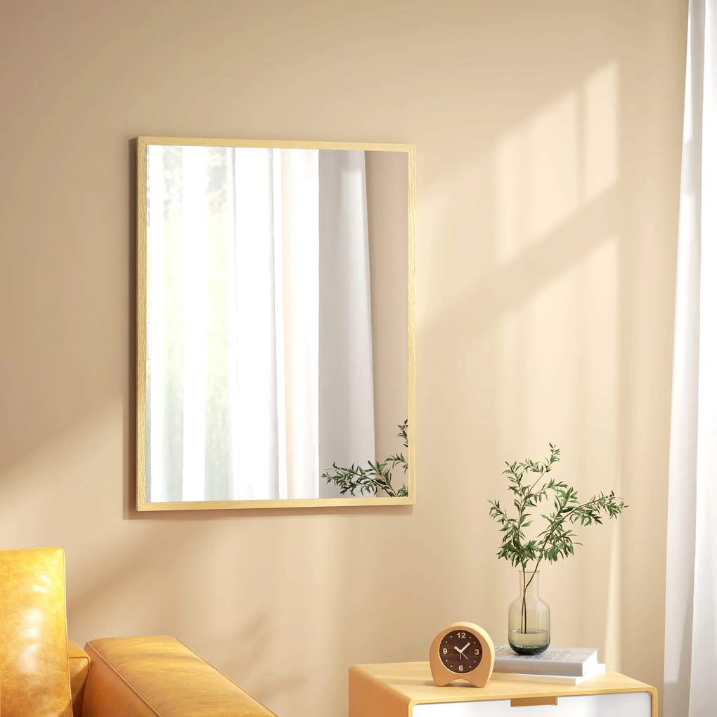 HOMCOM Obdélníkové Zrcadlo na Stěnu 90 x 70 cm, dřevěný rám, ideální do koupelny, obývacího pokoje nebo ložnice, přírodní