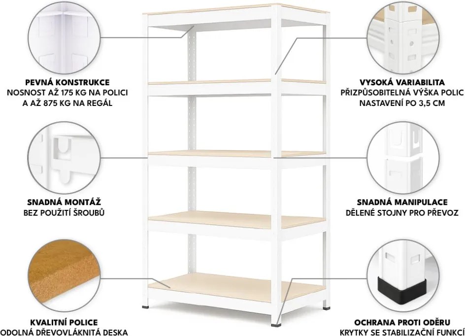 Akce 5x Regál 180x90x40 cm lakovaný 5-policový, nosnost 875 kg - bílý