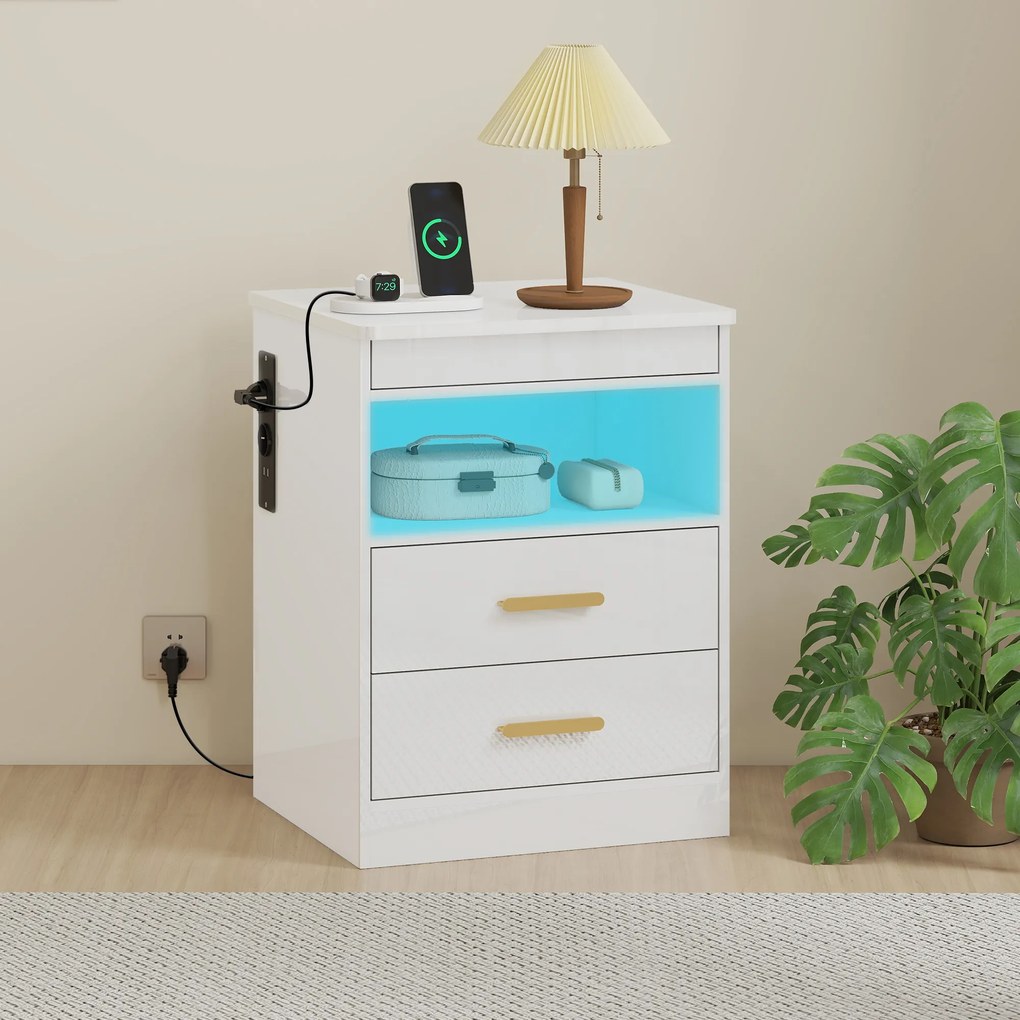 HOMCOM Noční stolek, přídavný stolek s nabíjecí stanicí a RGB LED osvětlením, vysoký lesk bílá
