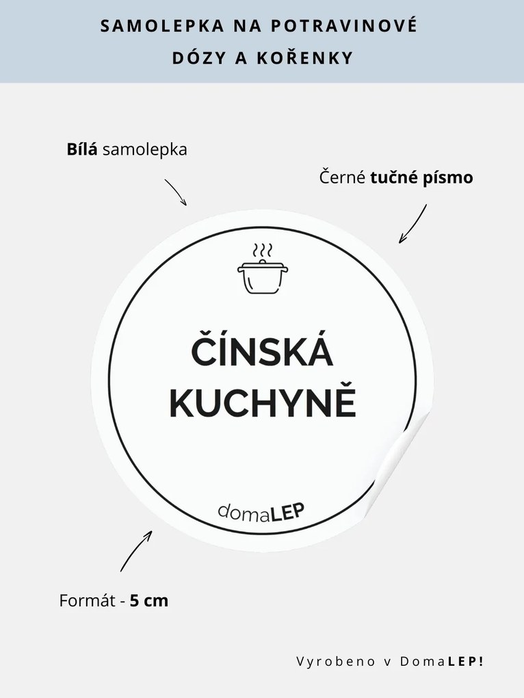 Samolepka na kořenky ČÍNSKÁ KUCHYNĚ bílá 5 cm tučné písmo