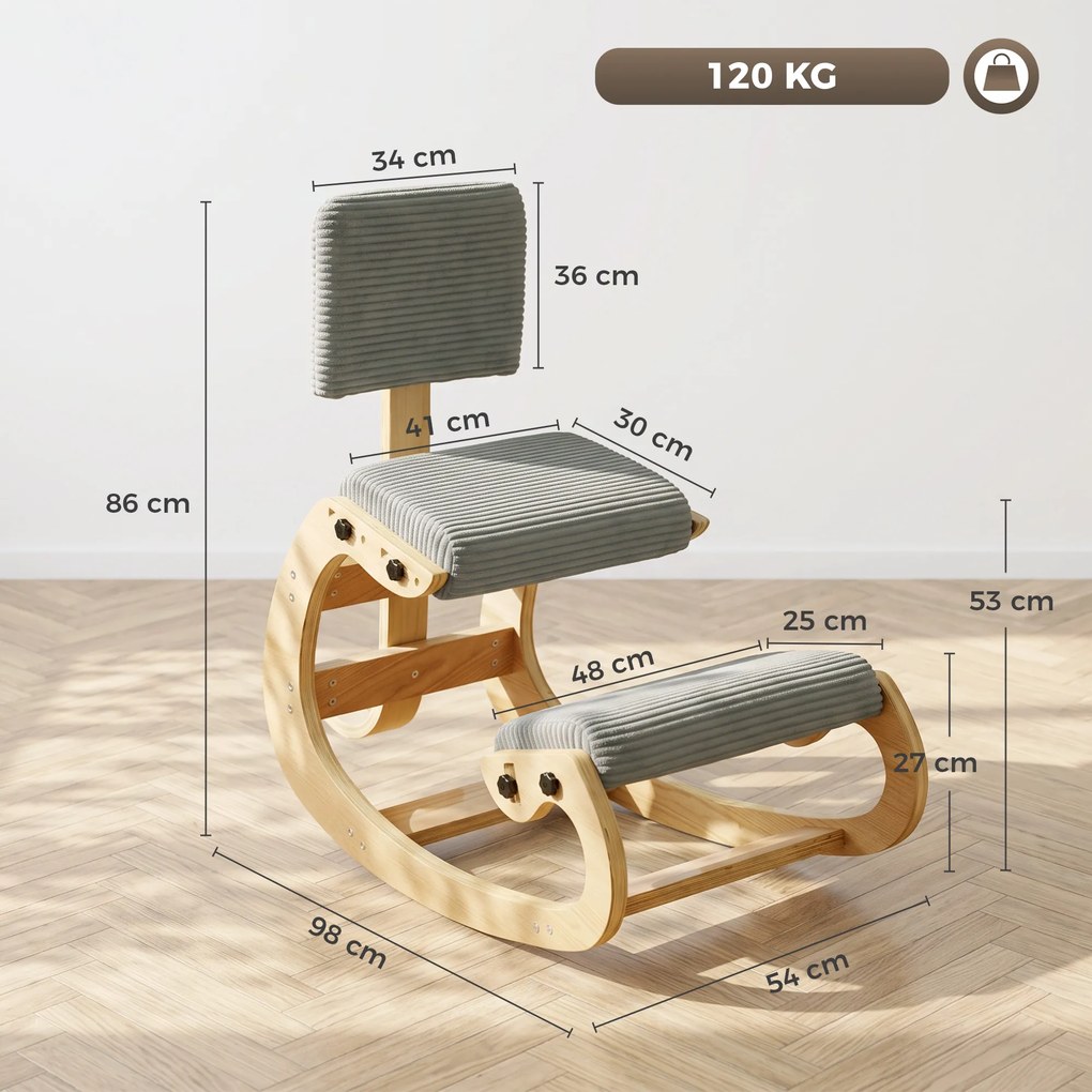 HOMCOM Ergonomická kolenní židle, kolenní stolička se záhlavím, vzhled manšestru, kancelářská židle do domácnosti, kanceláře, meditace, tmavě šedá