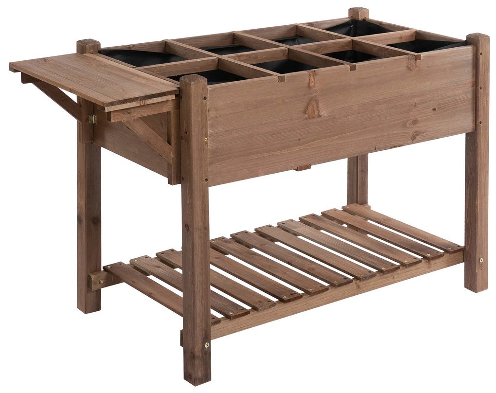 Vyvýšený záhonový truhlík Outsunny 123x54x74cm s 8 rošty a skládací policí z masivního dřeva v hnědé barvě pro zahradu a terasu | Aosom.de