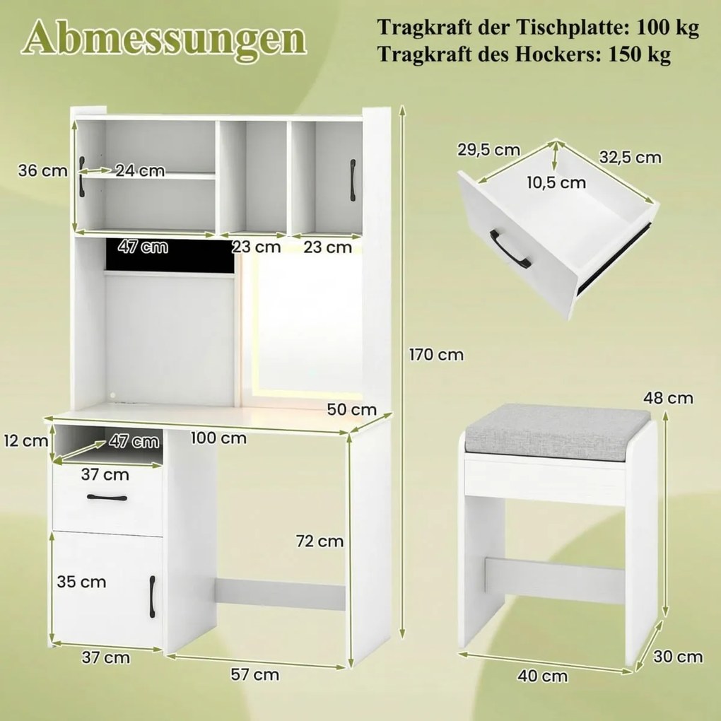 Costway Toaletní stolek s LED osvětlením a taburetem a zásuvkami