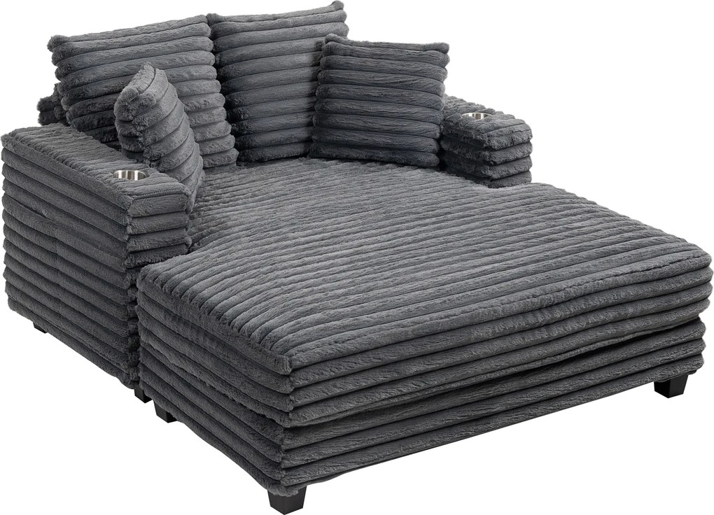 HOMCOM rozkládací pohovka pro 2 osoby s chaise, šedý kordurový potah, polštářky, područky s držáky na nápoje – 134 × 151 × 89 cm
