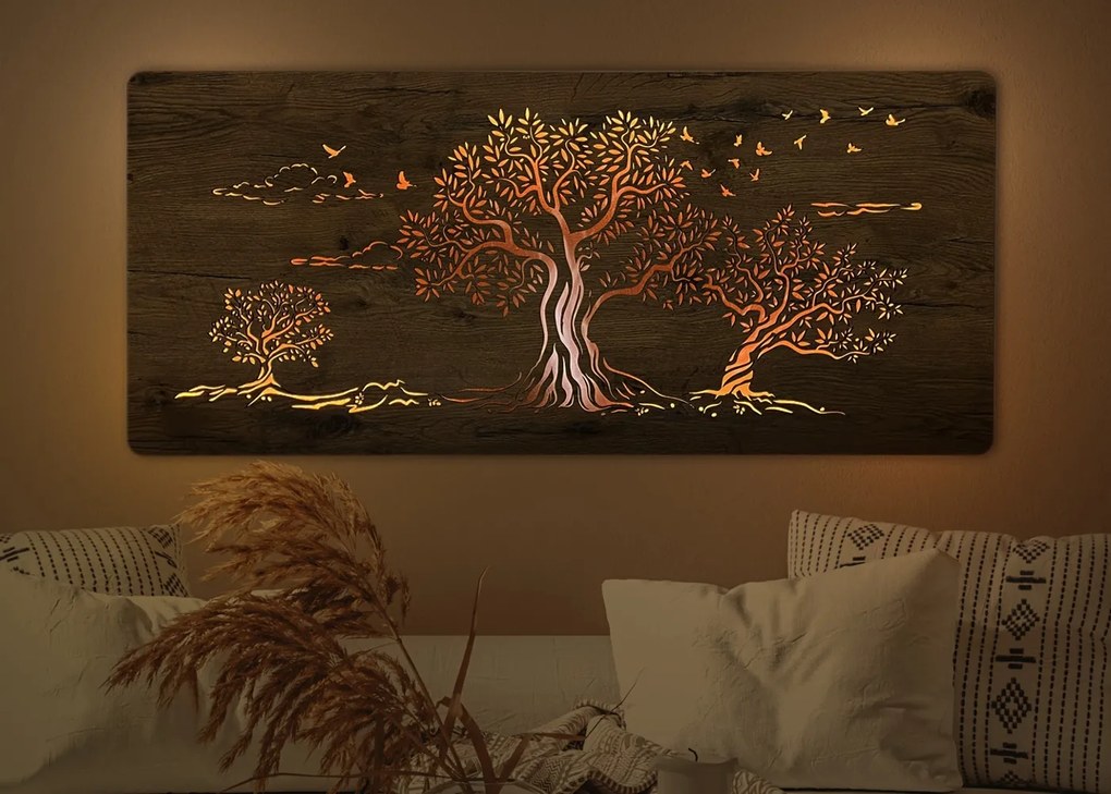 Li-Go "Tři olivy" světelný obraz s baterií 120x60cm varianta ovládání: manuál/pohybové čidlo, provedení povrchu: jedle