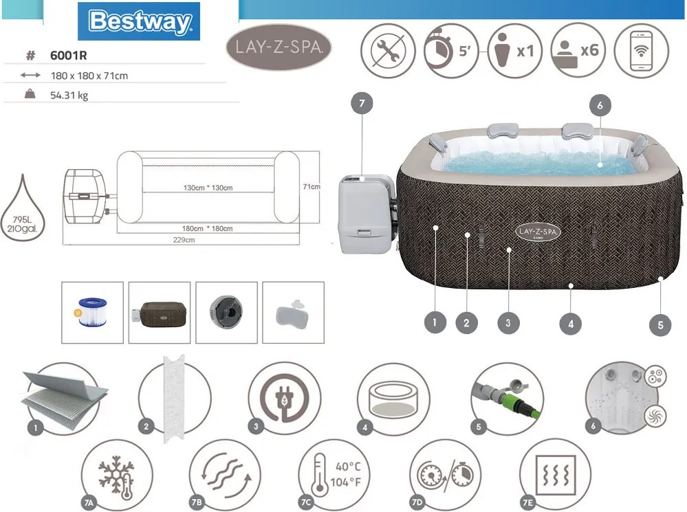 Bestway Vířivka Cabo HydrotJet 6, hydromasáž, pro 4-6 osob, WiFi aplikace, 6001R J-6001R