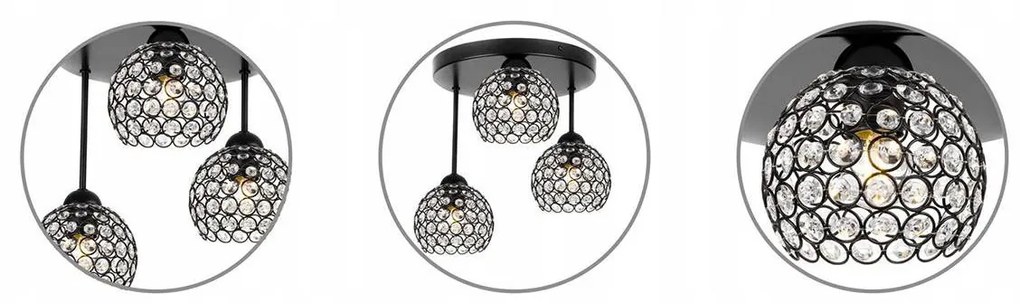 Stropní svítidlo Crystal, 3x černé křišťálové stínítko,