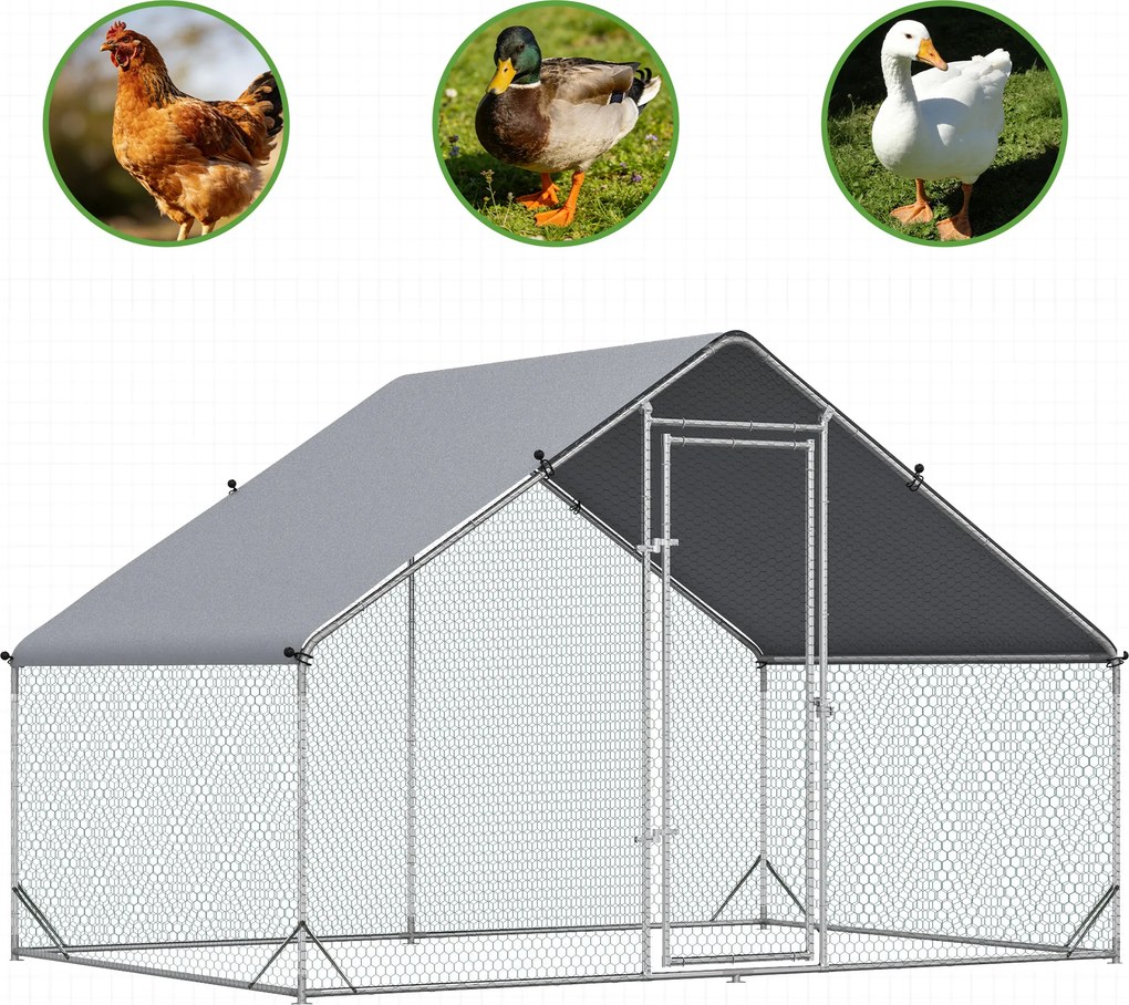 Ocelový kurník PawHut pro volný chov kuřat, 300 x 200 cm, klec pro kuřata s víkem, dvířka, výběh pro 4-6 kuřat, malá zvířata, stříbrný