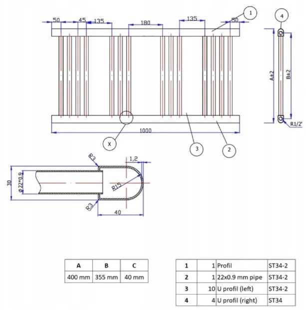 Erga Puerto, topné těleso 500x1200 mm, 511W, černá matná, ERG-PUERTO/1200/500/455/BLACK