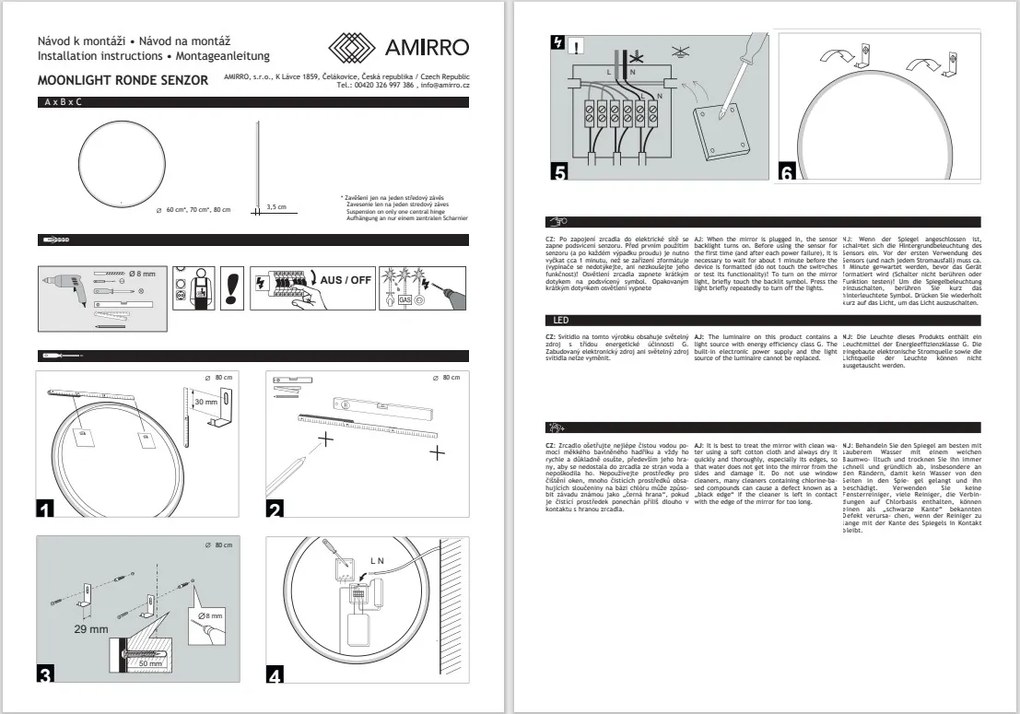 AMBIENTE kulaté zrcadlo do koupelny na zeď do pokoje do ložnice do předsíně na chodbu Amirro Ø 60 cm s LED osvětlením a senzorem, IP44 411-019 411-248 411-316