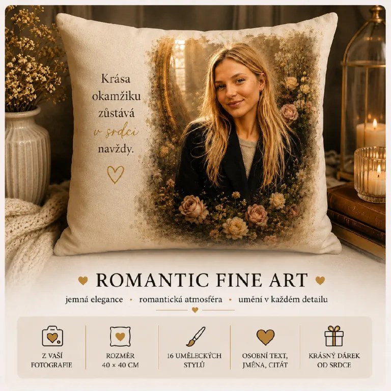 Personalizovaný polštář z fotografie – umělecký portrét 45 × 45 cm Styl portrétu:: Romantická ilustrace