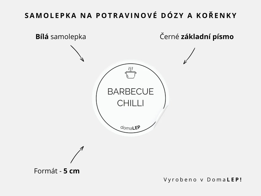 BARBECUE CHILLI - omyvatelná samolepka na kořenky, výběr rozměrů Ø 5 cm / 5 x 5 cm / 6 x 8 cm | DomaLEP tvar: ČTVEREC, barva: BÍLÁ - ČERNÉ písmo, velikost: š. 5 cm x v. 5 cm - základní písmo