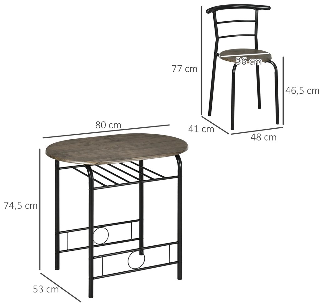 HOMCOM Jídelní set, Jídelní stůl se 2 židlemi, Oválný kuchyňský stůl s úložným prostorem, Kuchyňský set, Stolová sestava do kuchyně, Kov, Černá