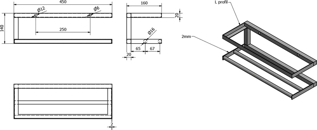 Sapho Sapho, SKA Nástěnná police, černá mat 450x140x160mm s bílou MDF policí, SKA401