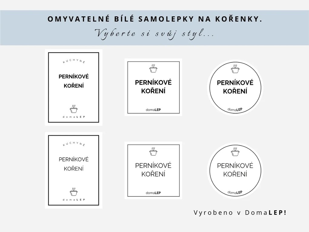 PERNÍKOVÉ KOŘENÍ - omyvatelná samolepka na kořenky, výběr rozměrů Ø 5 cm / 5 x 5 cm / 6 x 8 cm | DomaLEP tvar: ČTVEREC, barva: BÍLÁ - ČERNÉ písmo, velikost: š. 5 cm x v. 5 cm - základní písmo