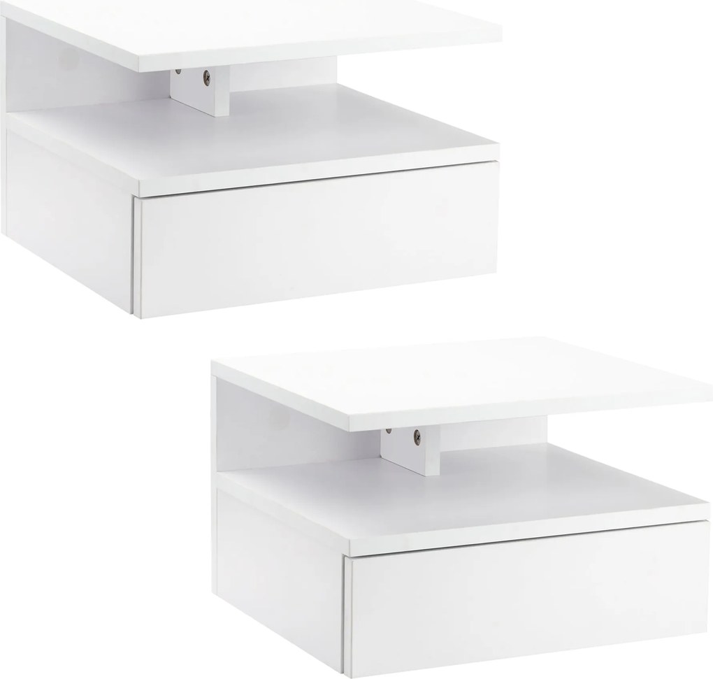 HOMCOM Sada 2 Floating Nočních Stolků - Zavěšené Noční Stolky s 1 Zásuvkou a Otevřenou Policí pro Ložnici 35x32x22,5 cm Bílá | Aosom