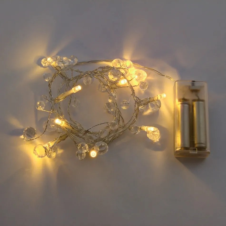 LED světýlka na baterie, krystalky, 1,3 m, teple bílá, 10 diod, čirý kabel, IP20 interiér, 2 × AA