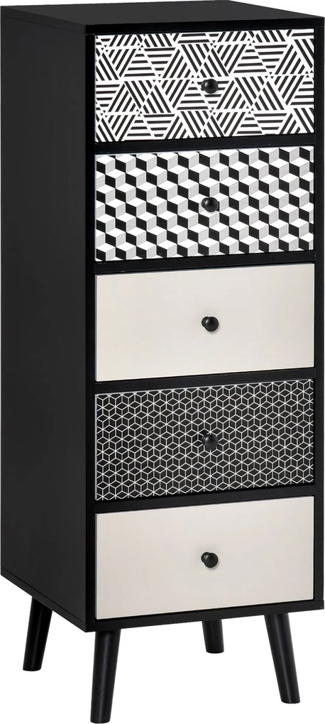 HOMCOM Komoda s geometrickým vzorem, 5 zásuvek, moderní nábytek do ložnice a předsíně, 40x40x111,5cm Černá Šedá | Aosom