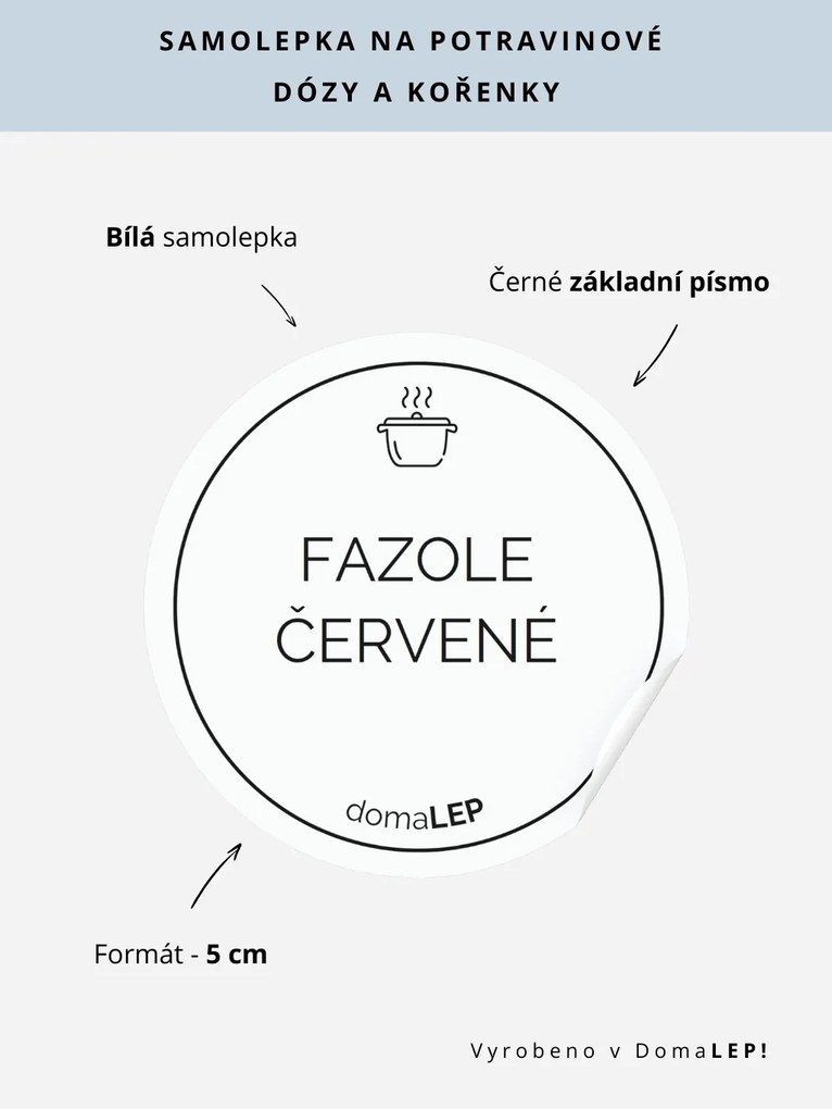 FAZOLE ČERVENÉ – bílá samolepka na dózu, základní písmo, 5 cm | DomaLEP