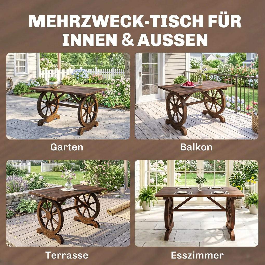 Dřevěný zahradní stůl Outsunny, venkovní stůl na terasu 110x60x65 cm s nohami ve tvaru kol, nosnost 100 kg, stůl pro venkovní terasu s povrchovou úpr…