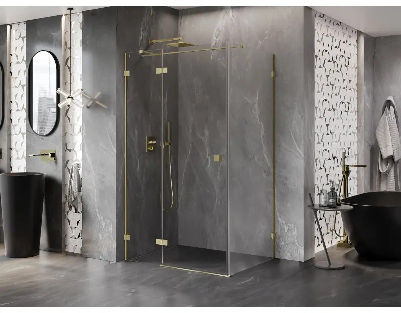 Mexen Lunar T, sklápěcí sprchový kout levý 115 x 110 cm, 8mm čiré sklo, zlatý matný profil, 834T-115-110-55-00-L