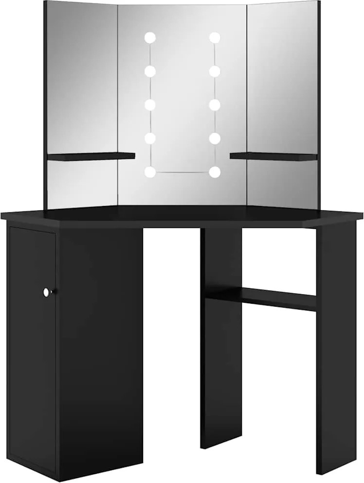 Rohový toaletní stolek s LED světlem černý 111 x 54 x 141,5 cm 326534