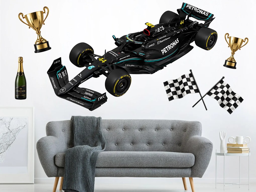 Černá formule Mercedes textilní přelepitelná samolepka na zeď arch 130 x 83 cm
