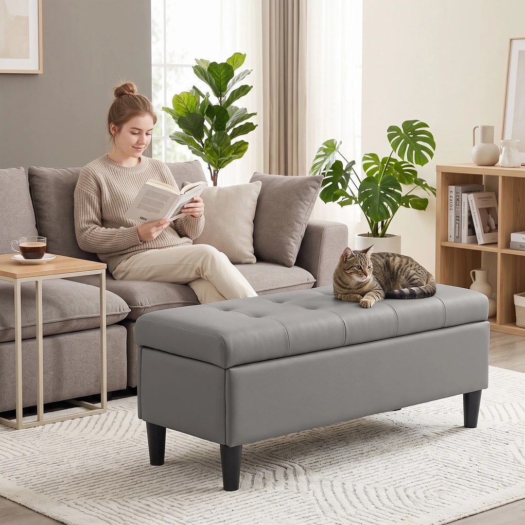 HOMCOM lavice s úložným prostorem 136L, velký úložný puf, podnožka 110x41x42 cm, přátelská k domácím mazlíčkům, umělá kůže šedá