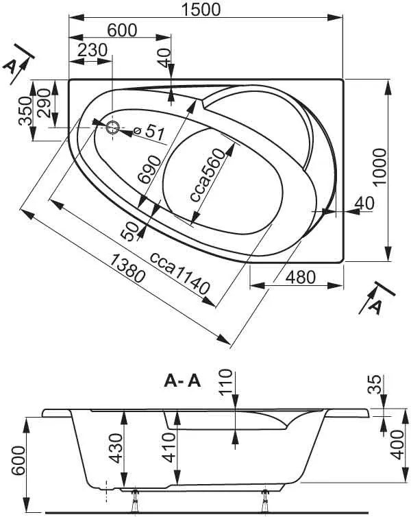 Vagnerplast Vana asymetrická s podporou FLORA 150×100 PRAVÁ FLORA 150×100 PRAVÁ