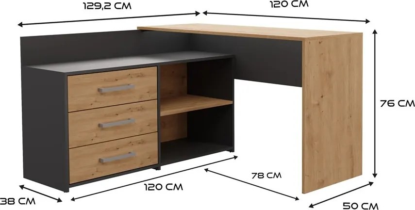 Rohový psací stůl levý + komoda DANY antracit/dub artisan