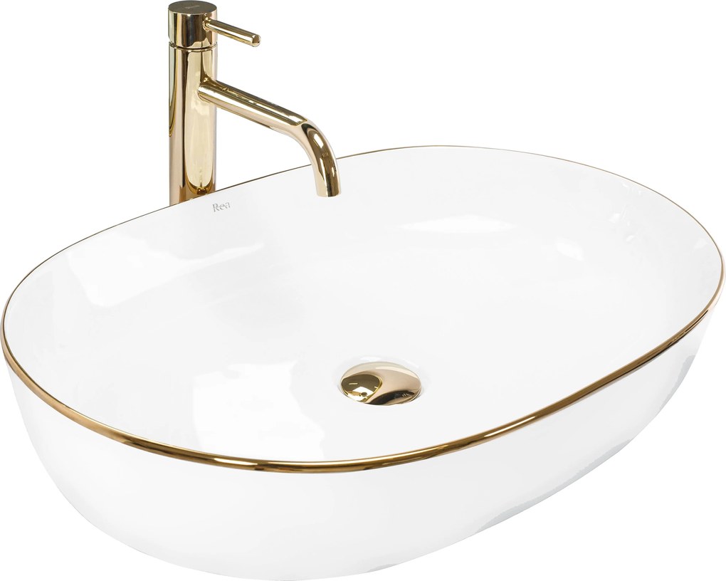 Rea Cleo, umyvadlo na desku 605x410x140mm, bílá se zlatým okrajem, REA-U6211