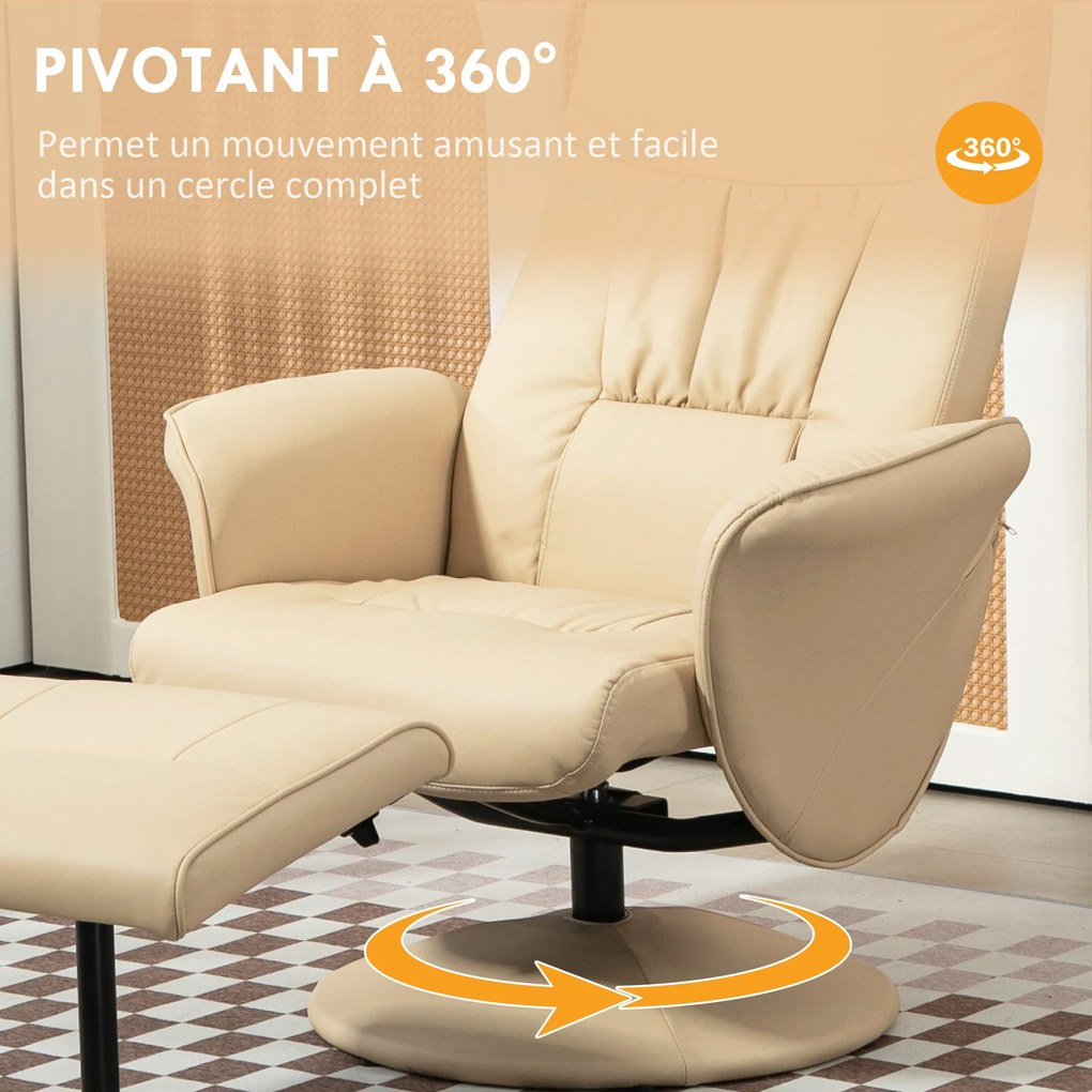 HOMCOM Relaxace Křeslo s Podnožkou - Otáčecí Křeslo 360° s Polohovatelným Opěradlem pro TV, Nosnost do 120 kg, Syntetický Potah, Béžové