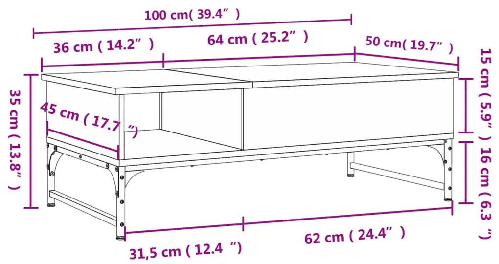 Konferenční stolek kouřový dub 100 x 50 x 35 cm kompozit a kov - Default Title