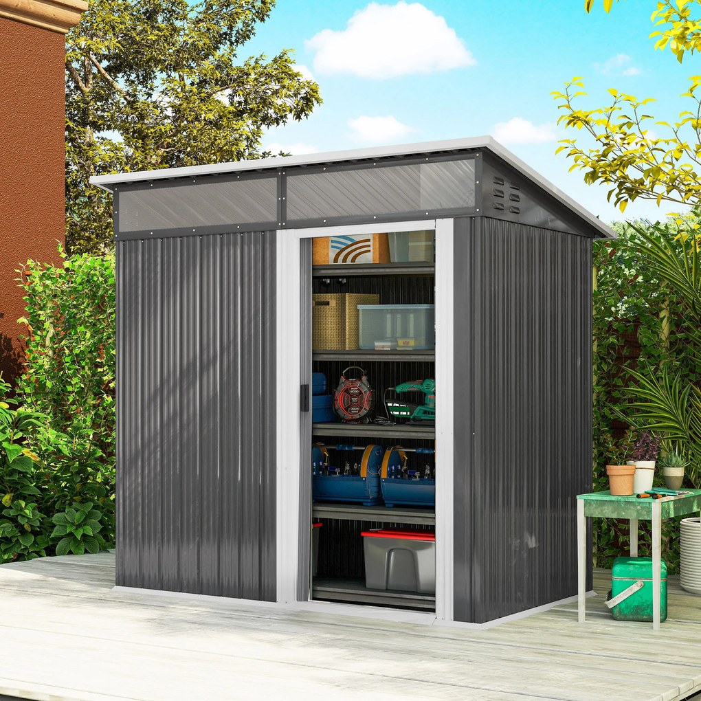 Outsunny Kovový Šopík 1,9m² 195x122x182cm Skladový Šop s Podlahou, Šikmou Střechou, Oknem, Posuvnými Dveřmi, Háčky, Rukavicemi, Odolný Proti Počasí p…