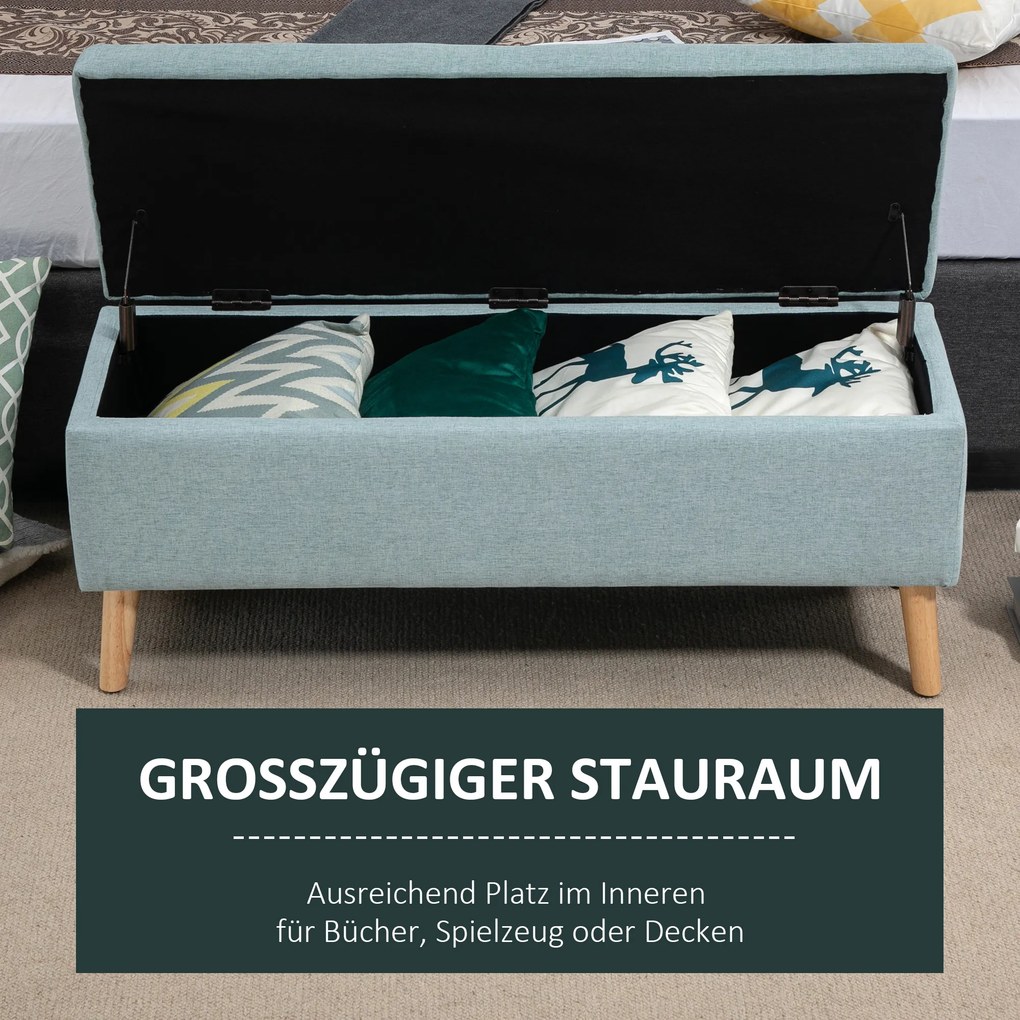 HOMCOM Světle zelená čalouněná lavice s úložným prostorem 110x39x45cm z polyesteru připomínajícího len a kaučukovníku ve skandinávském designu
