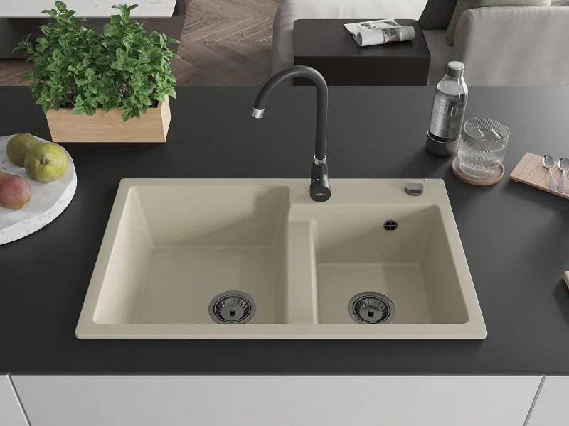 Mexen Tomas, granitový dřez 800x500x190 mm, 2-komorový, béžová s černým sifonem, 6516802000-69-B