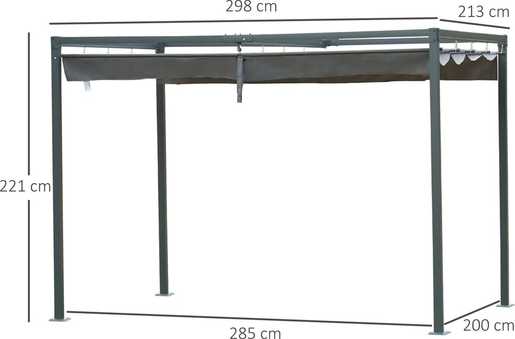 Outsunny pergola altán zastřešení terasy s posuvnou střechou 298 x 213 x 221 cm, šedá, polyester odolný proti povětrnostním vlivům pro zahradu a tera…