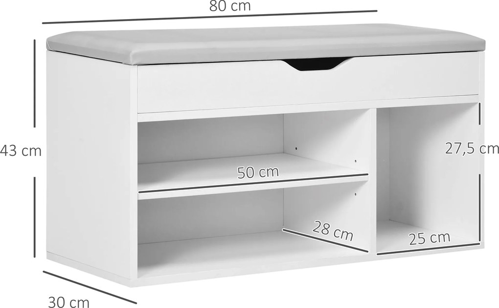 HOMCOM Botník se sedadlem, regály, zásuvkou a polstrováním, dvouúrovňový pro předsíně a haly, moderní, max. zatížení 120 kg, 80x30x43 cm, bílý