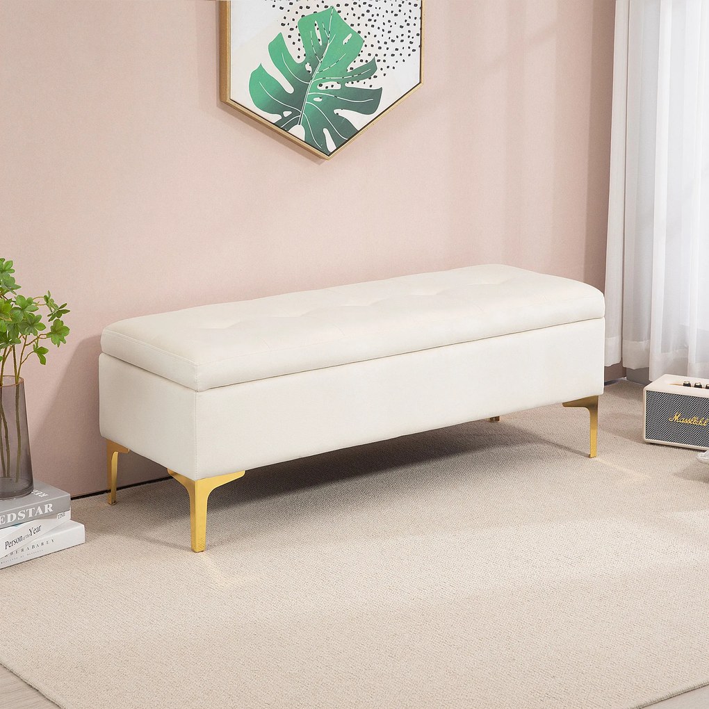 HOMCOM Lavice s úložným prostorem čalouněná lavice sametový vzhled kovové nohy lavice do obývacího pokoje ložnice předsíně 120 x 44,5 cm béžová