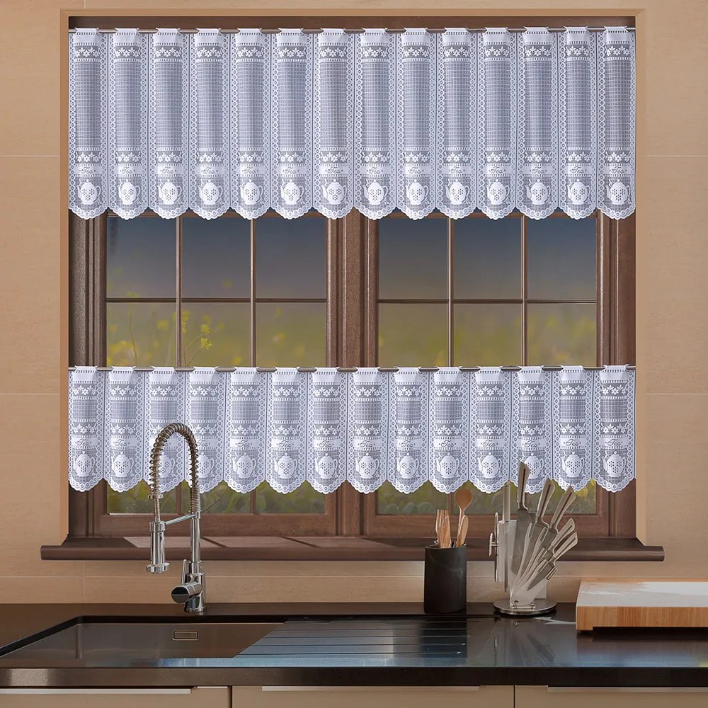 Berk žakárová vitrážová záclona KUCHYŃKA 2329, čajové konvičky s bordurou, bílá, výška 45cm (v metráži)